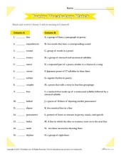 Poetry Vocabulary Match | Poetry Worksheet