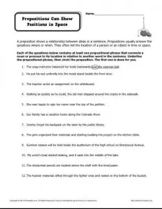 Preposition Worksheet - Prepositions Can Show Position in Space