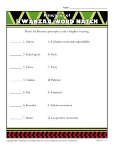 Principles of Kwanzaa Word Match Activity | Printable Worksheet