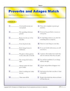 Proverbs and Adages Match Worksheet for 4th and 5th Grade