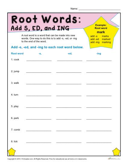 Printable Root Words Worksheets Add S ED And ING