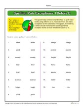 Spelling Rule Exceptions Worksheets: I Before E