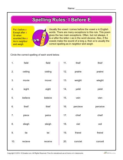 Spelling Rules Worksheets I Before E