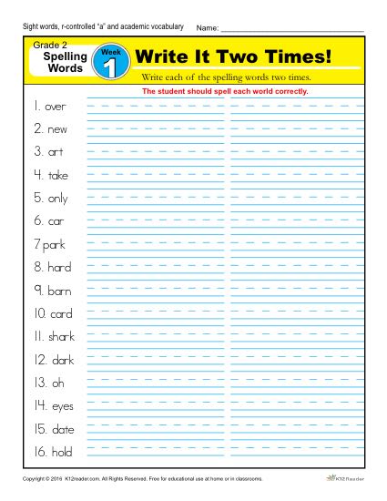 Second Grade Spelling Words List Week 1 K12reader