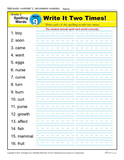 Second Grade Spelling Words List Week 9 K12reader