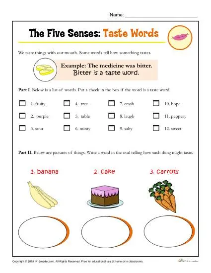Five Senses Activity for kindergarten and 1st Grade | Taste Five Senses Activity for kindergarten and 1st Grade | Taste