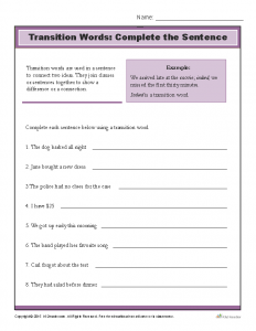 Transition Words: Complete the Sentence | Writing Worksheet