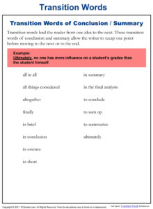 Conclusion / Summary Transition Words | K12reader.com