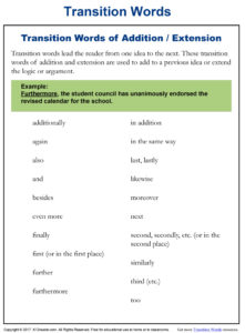 Addition / Extension Transition Words | K12reader.com