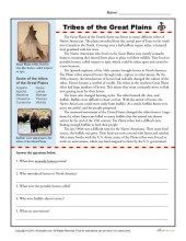 Tribes of the Great Plains - Printable Comprehension Activity