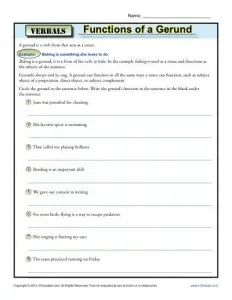 Verbals Worksheets | Parts of a Sentence