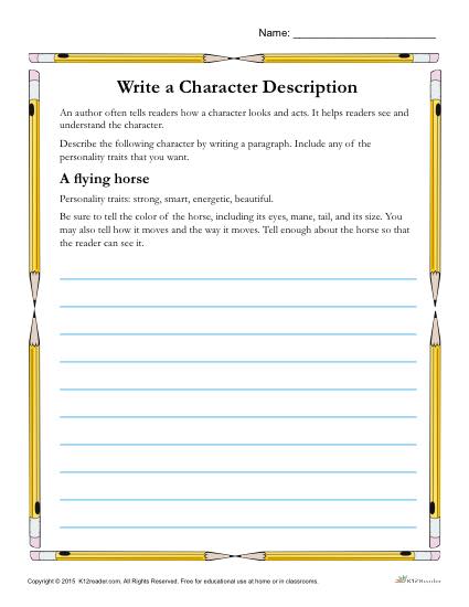 Write A Character Description Worsheet Activity