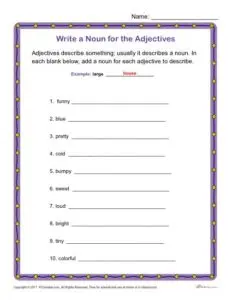Write a Noun for the Adjective | Printable Parts of Speech Activity