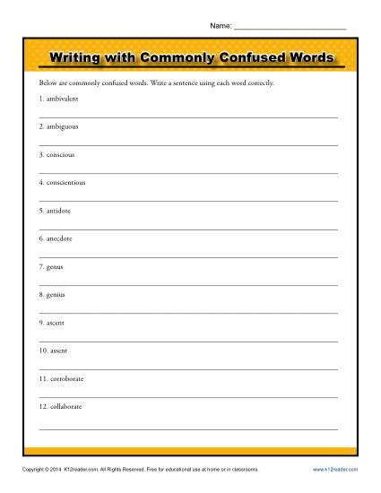 Writing With Commonly Confused Words Confused Words Worksheet Writing With Commonly Confused Words Confused Words Worksheet
